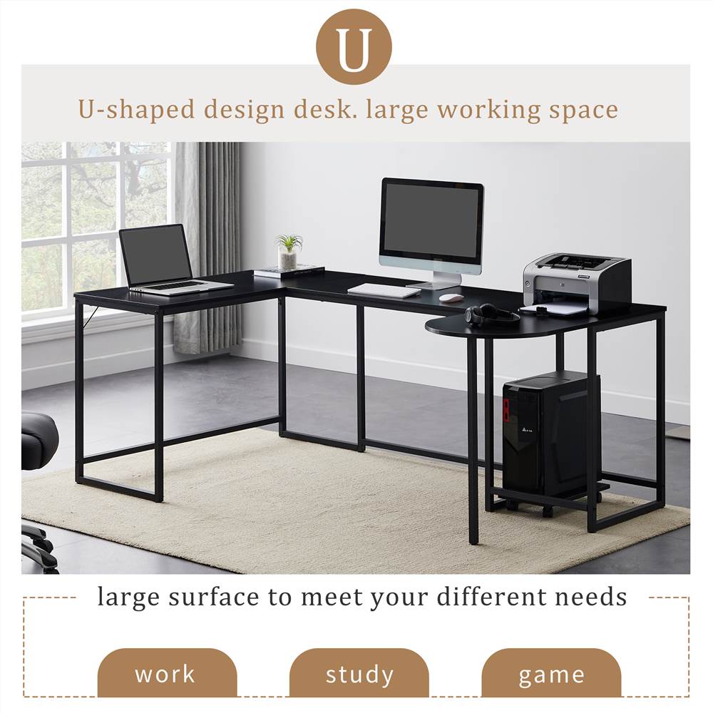 U-shaped Computer Desk Industrial Corner Writing Desk- Black