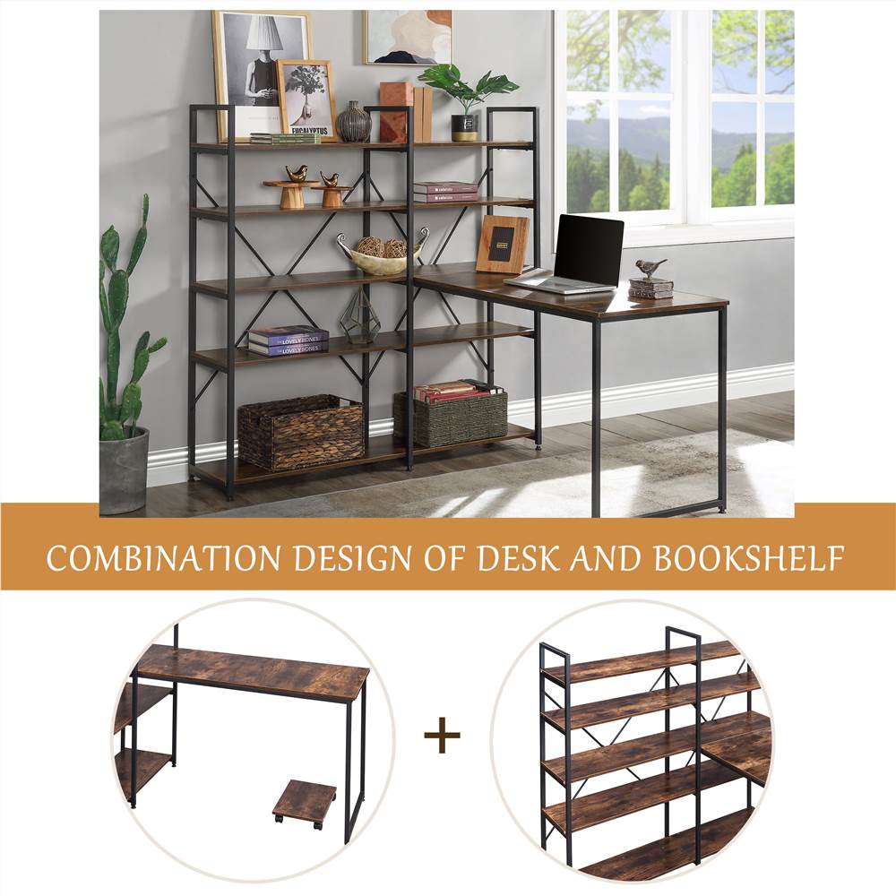 Home Office L-shaped Computer Desk with Five-layer Shelf Brown