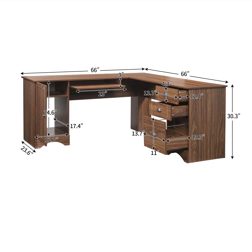 Home Office L-shaped Computer Desk with Storage Cabinet Walnut