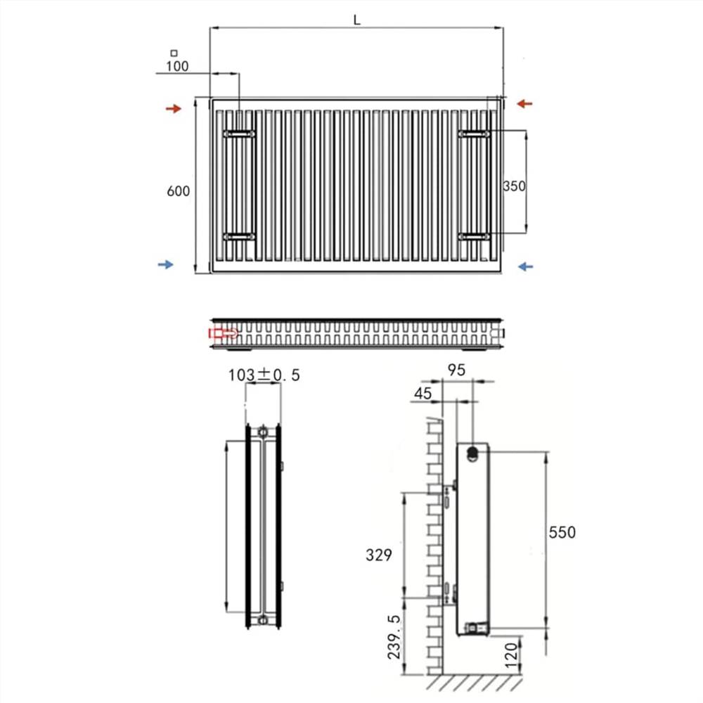 White Compact Convector Radiator Side Connectors 120 x 10 x 60 cm