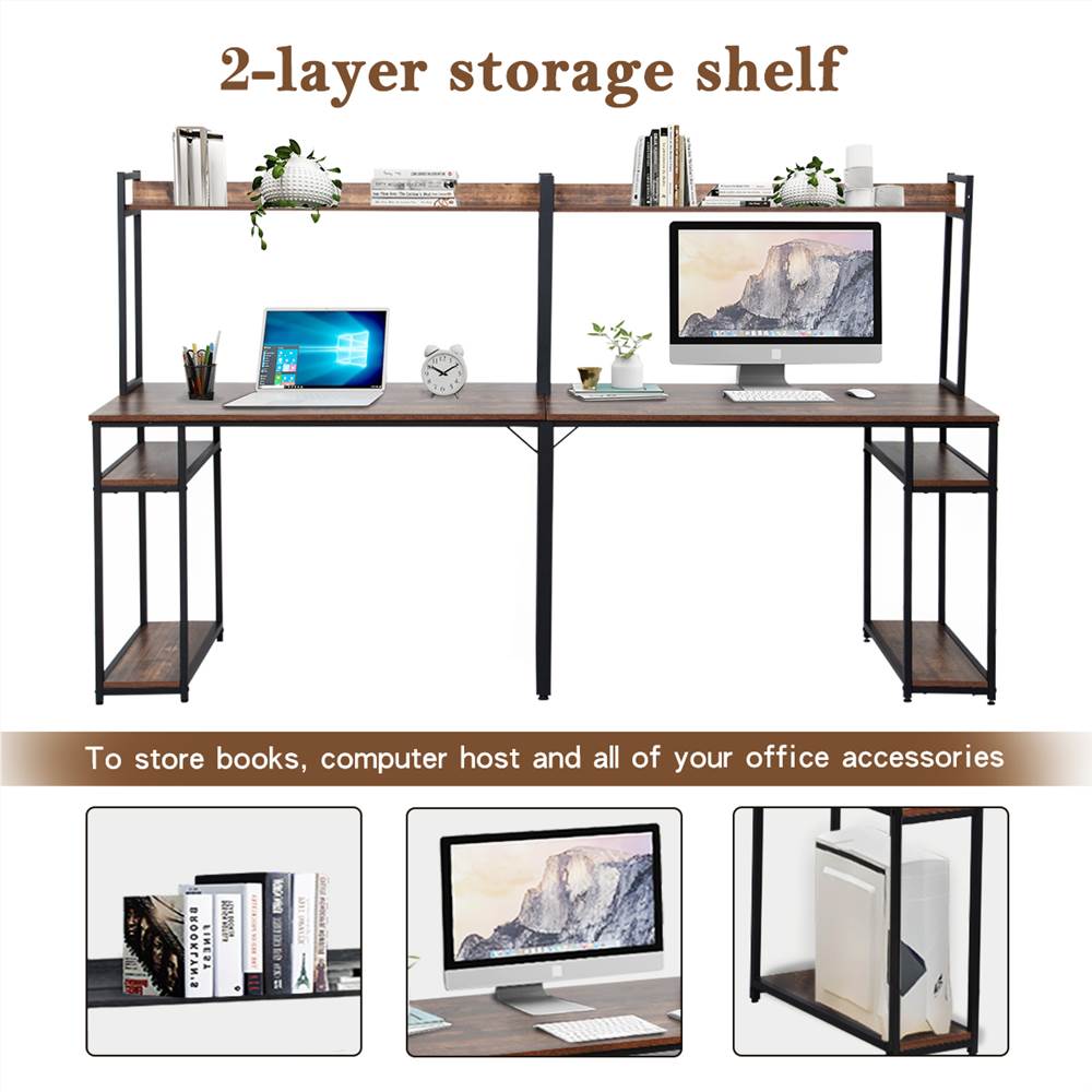 Home office Dual Person Computer Desk with Two-layer Shelf Wood
