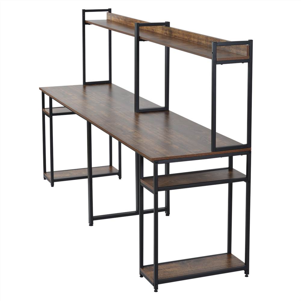 Home office Dual Person Computer Desk with Two-layer Shelf Wood