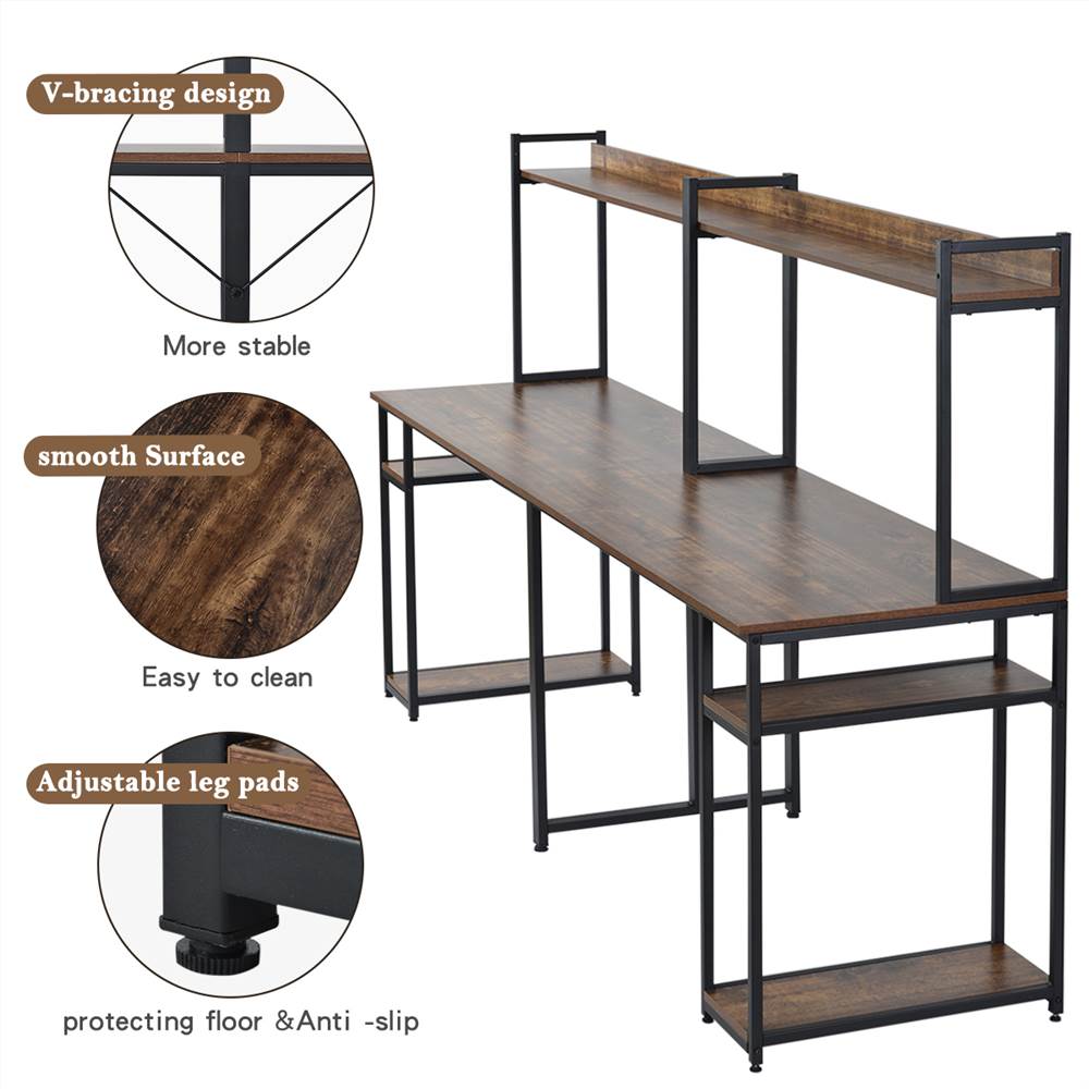 Home office Dual Person Computer Desk with Two-layer Shelf Wood