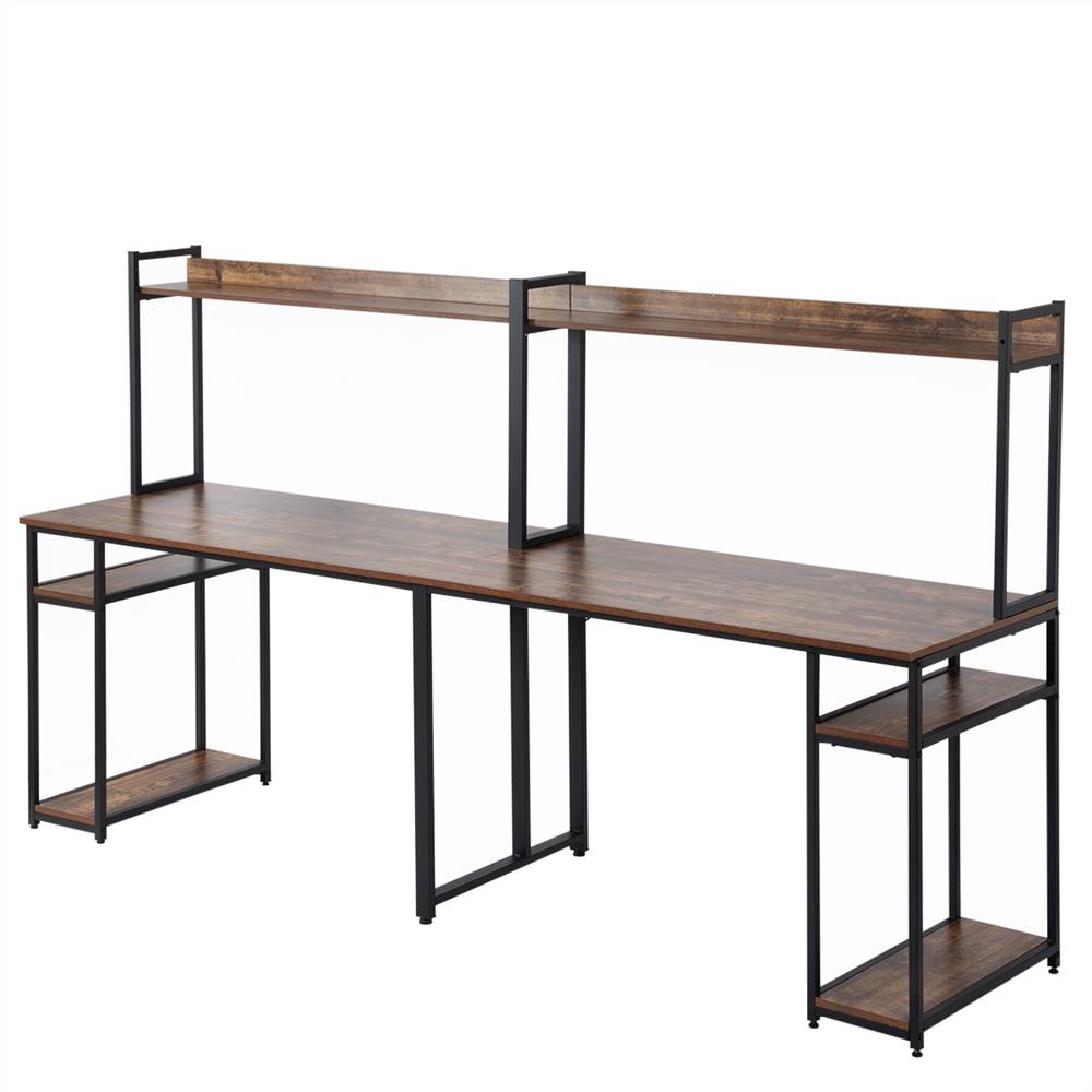 Home office Dual Person Computer Desk with Two-layer Shelf Wood