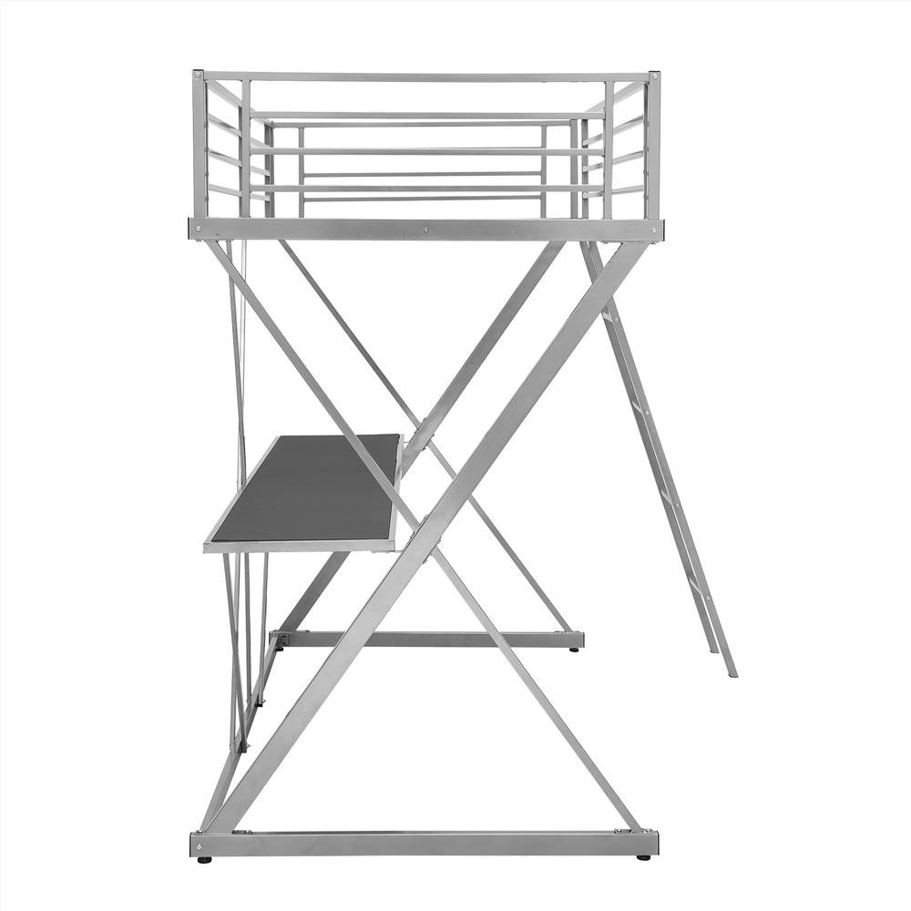 Steel Twin Size Loft Bed X-shaped Frame with Desk Silver