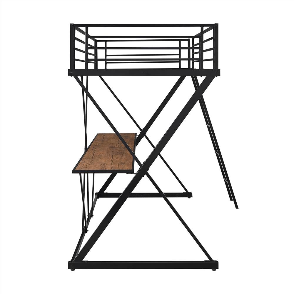 Twin Size Steel+MDF Loft Bed X-shaped Frame with Desk Black