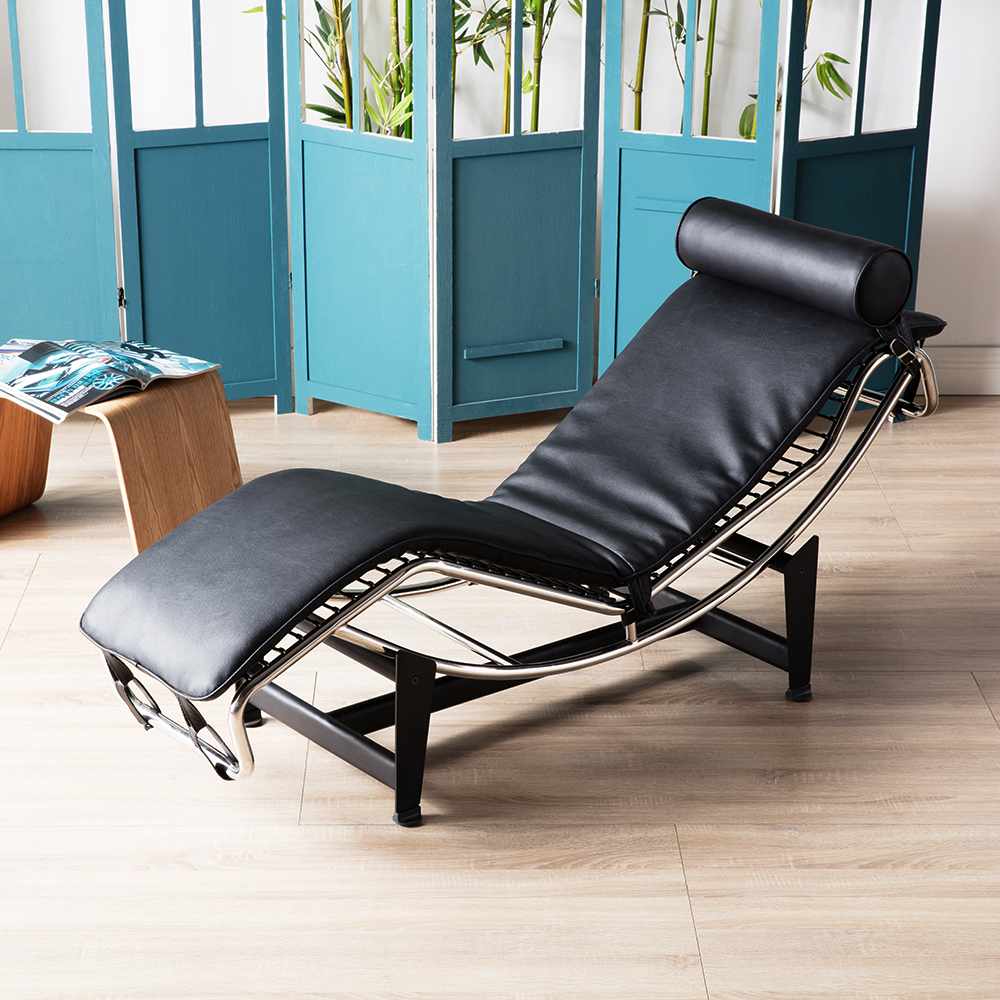 Le Corbusier LC-4 Style Recliner with Adjustable Headrest Black