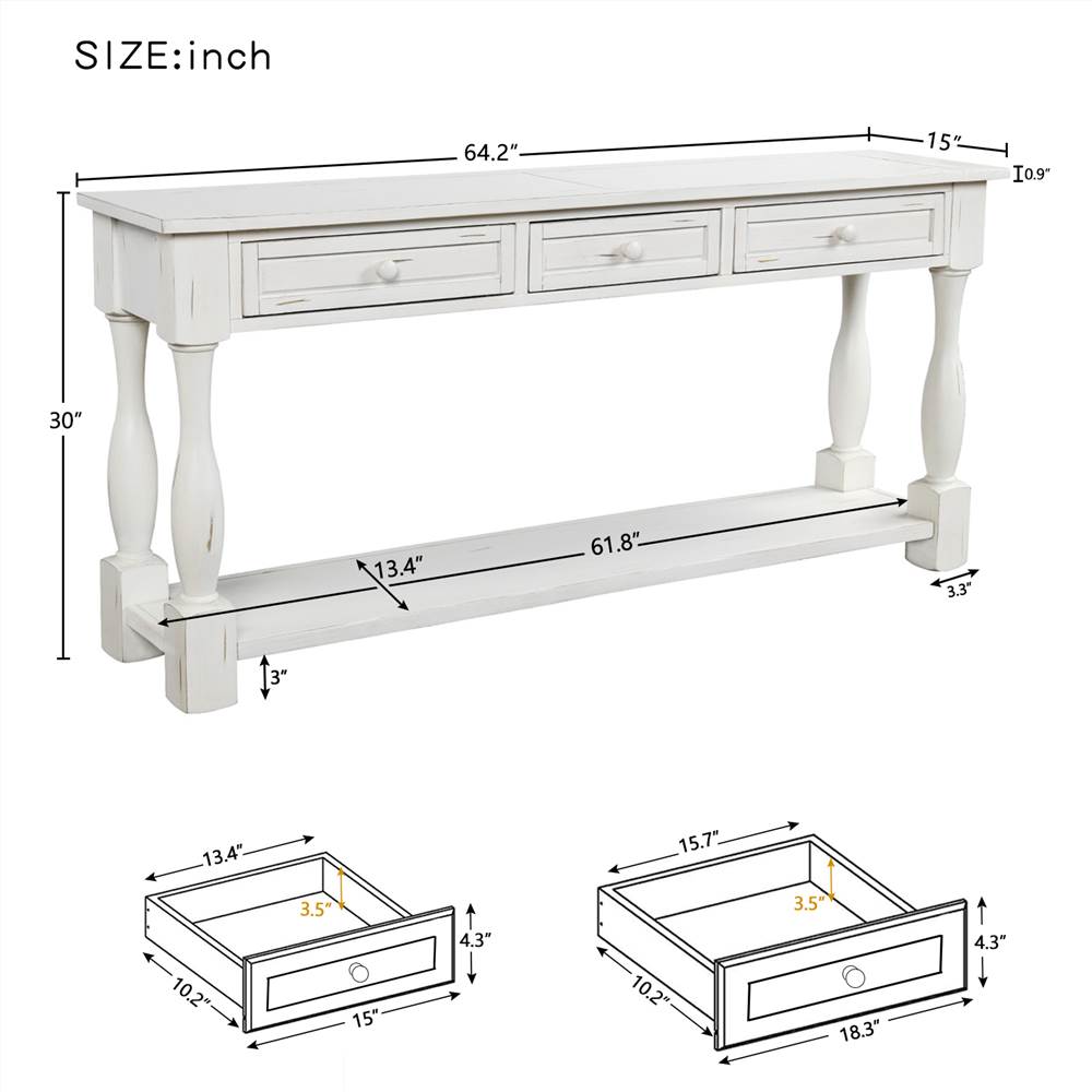 TREXM 64'' Console Table with 3 Storage Drawers White