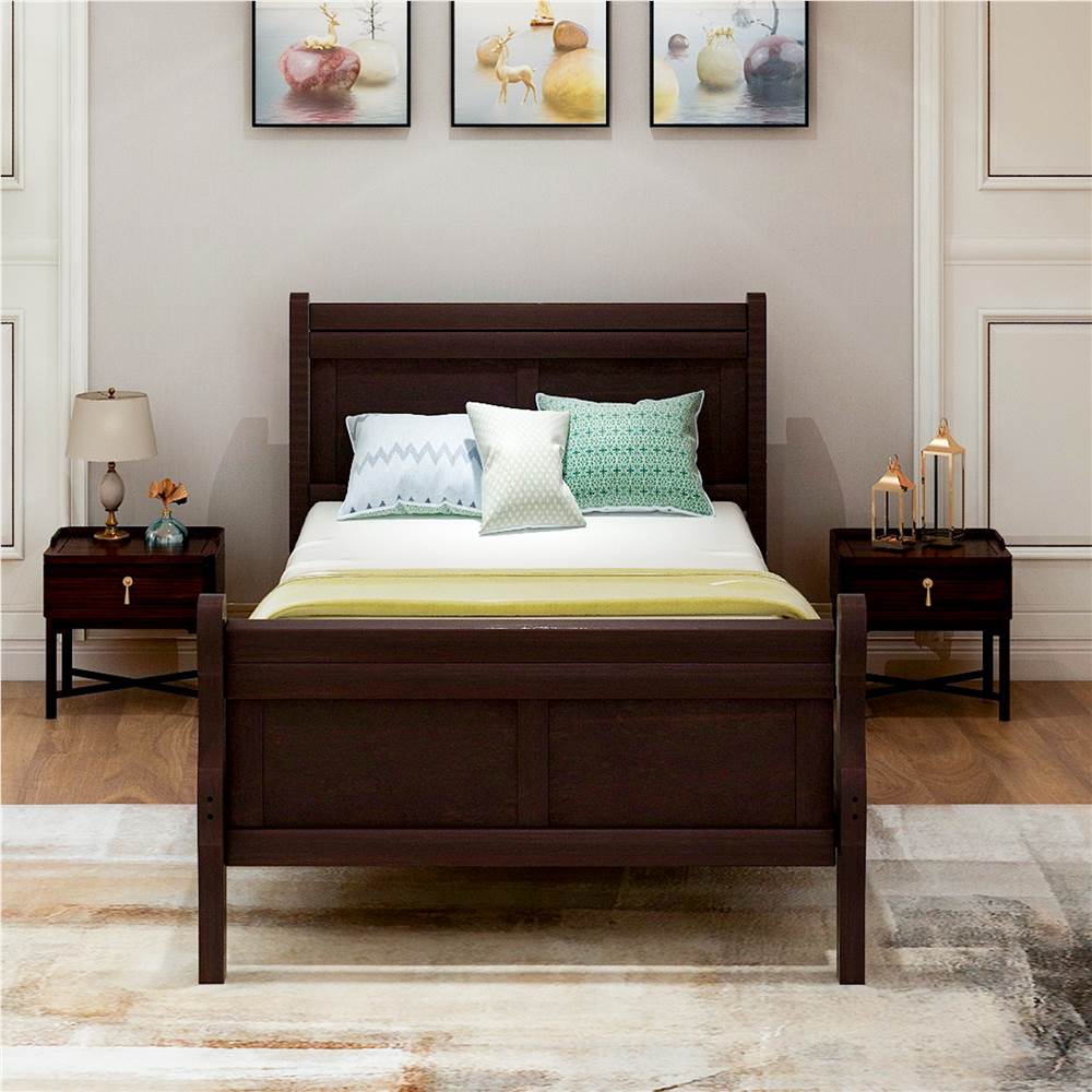 Twin-Size Wooden Platform Bed Frame with Wooden Slats Oak