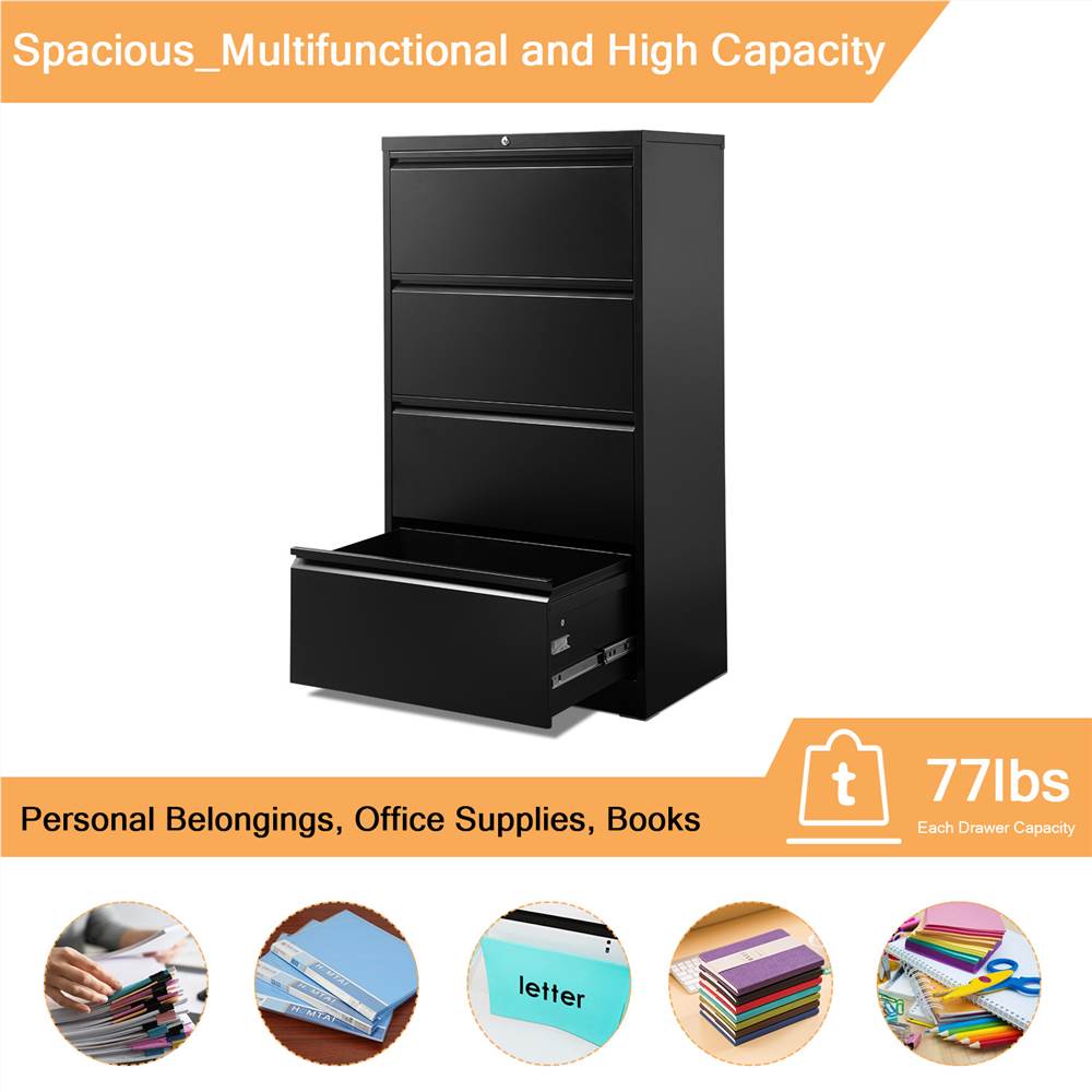 Lateral Metal Lockable File Cabinet with 4 Storage Drawers Black