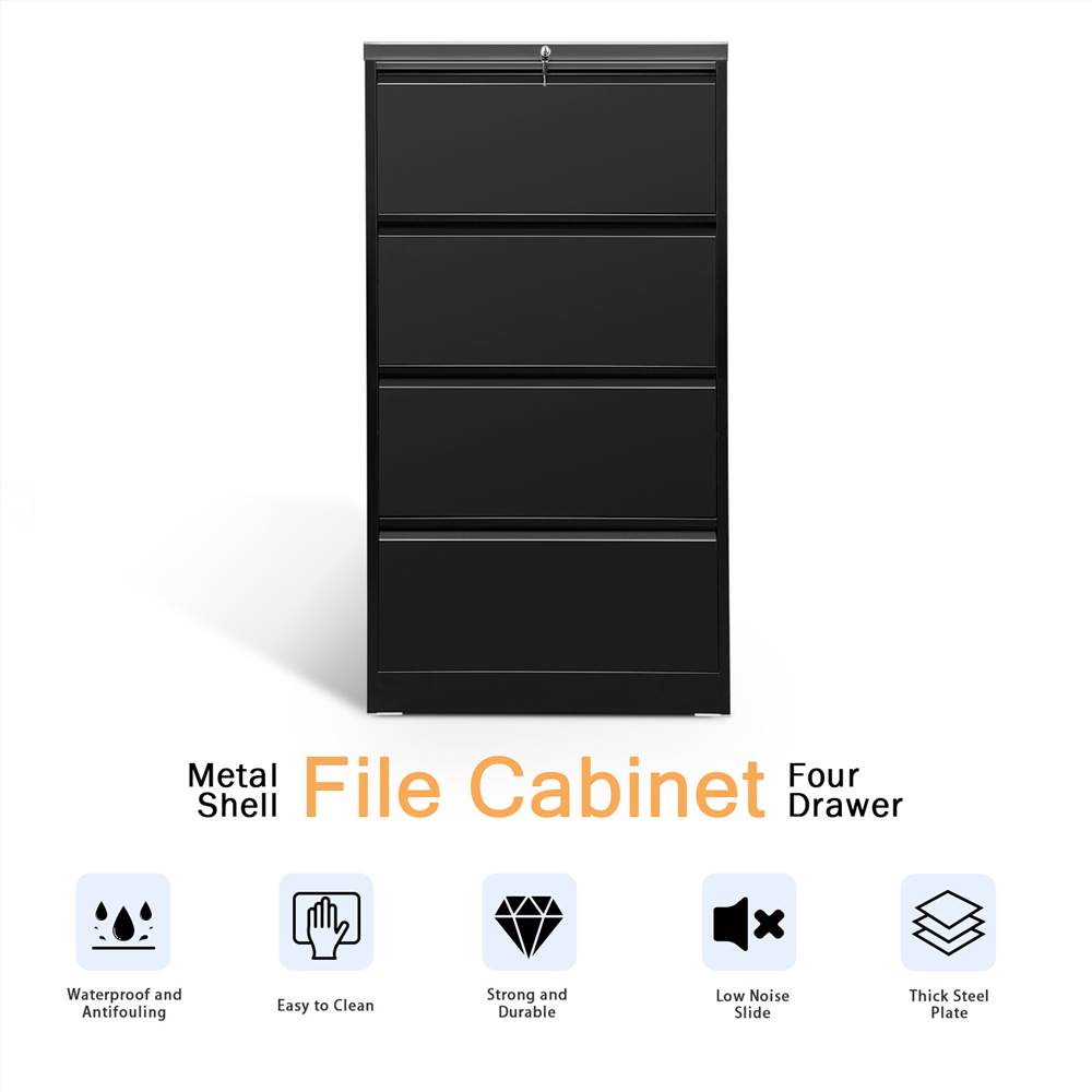 Lateral Metal Lockable File Cabinet with 4 Storage Drawers Black