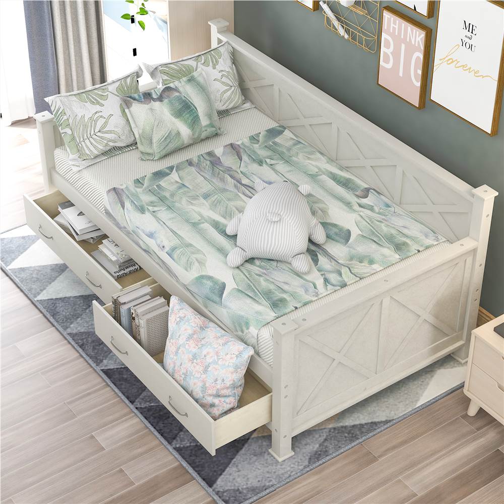 Twin Size Wooden Daybed Frame with 2 Storage Drawers White