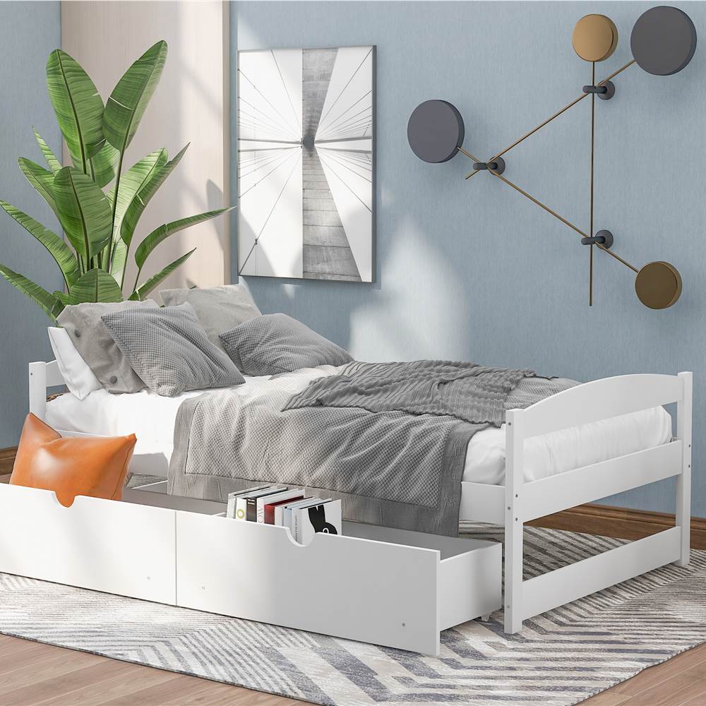 Twin Size Wooden Platform Bed Frame with 2 Storage Drawers White