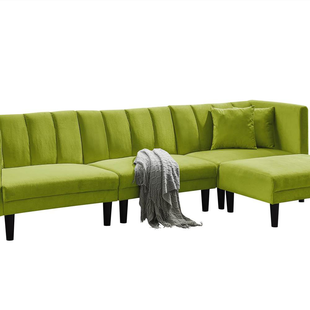 4-Seat Velvet Upholstered Convertible Sectional Sofa Bed Light Green