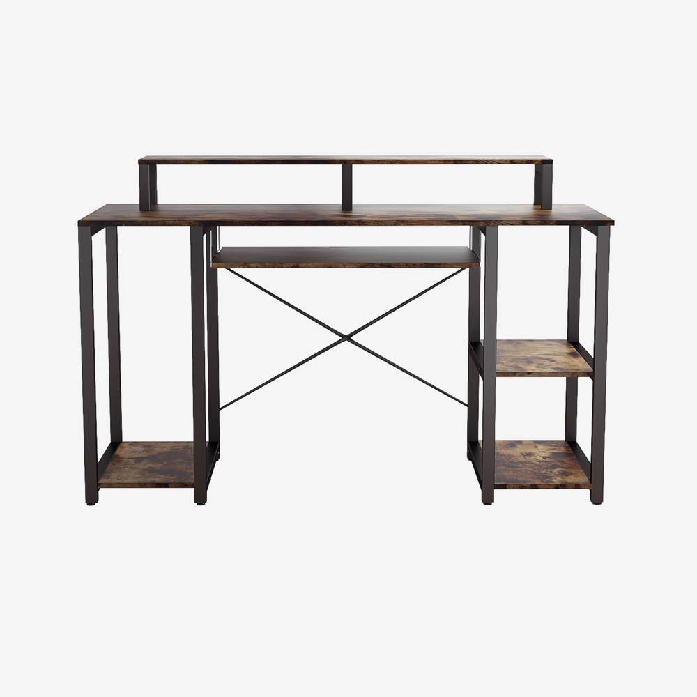 Home Office Computer Desk with Open Storage Shelves Brown