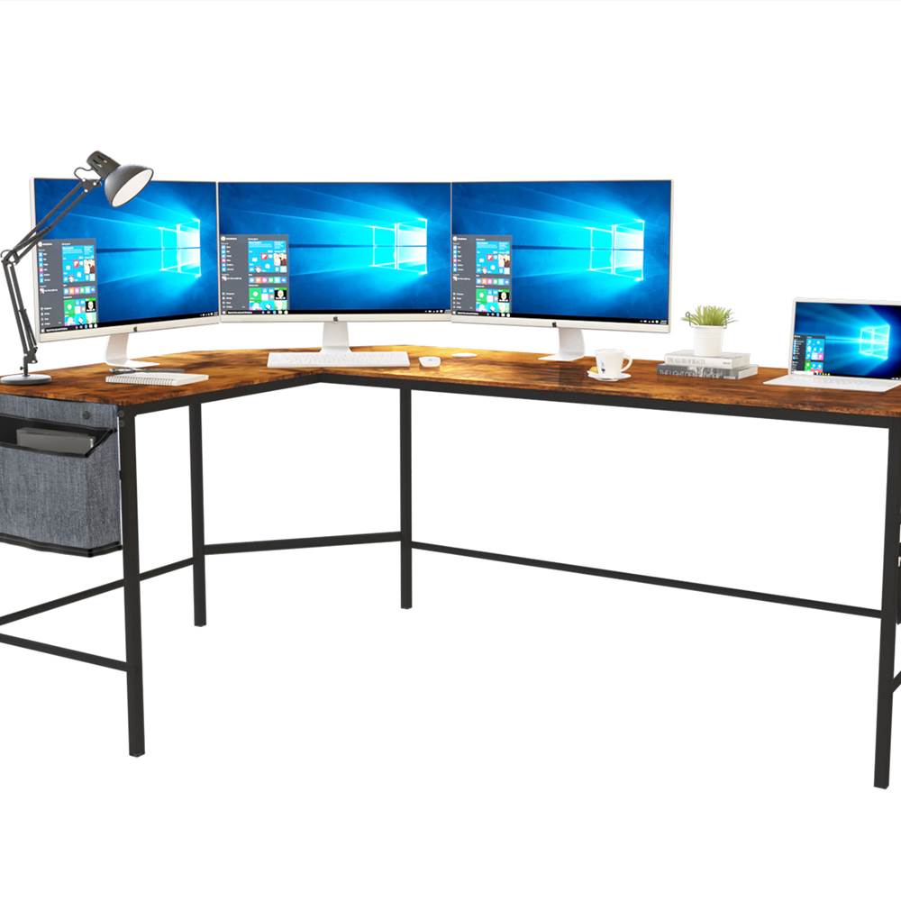 Home Office L-Shaped Computer Desk with Storage Bag Brown