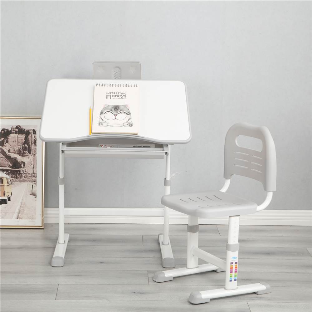Adjustable Kids Study Table and Chair Set, with Tilt Tabletop Gray
