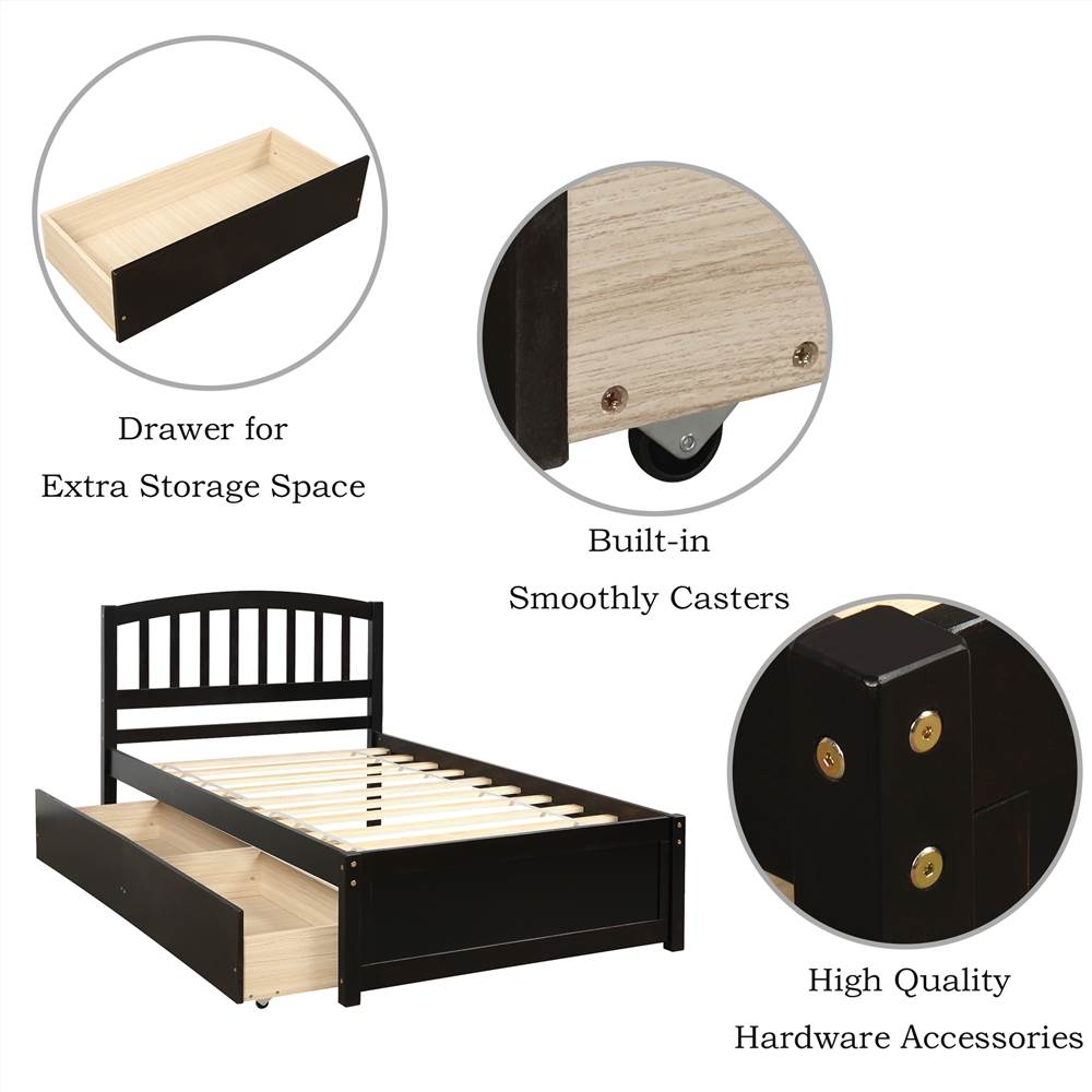 Twin-Size Platform Bed Frame with 2 Storage Drawers Espresso