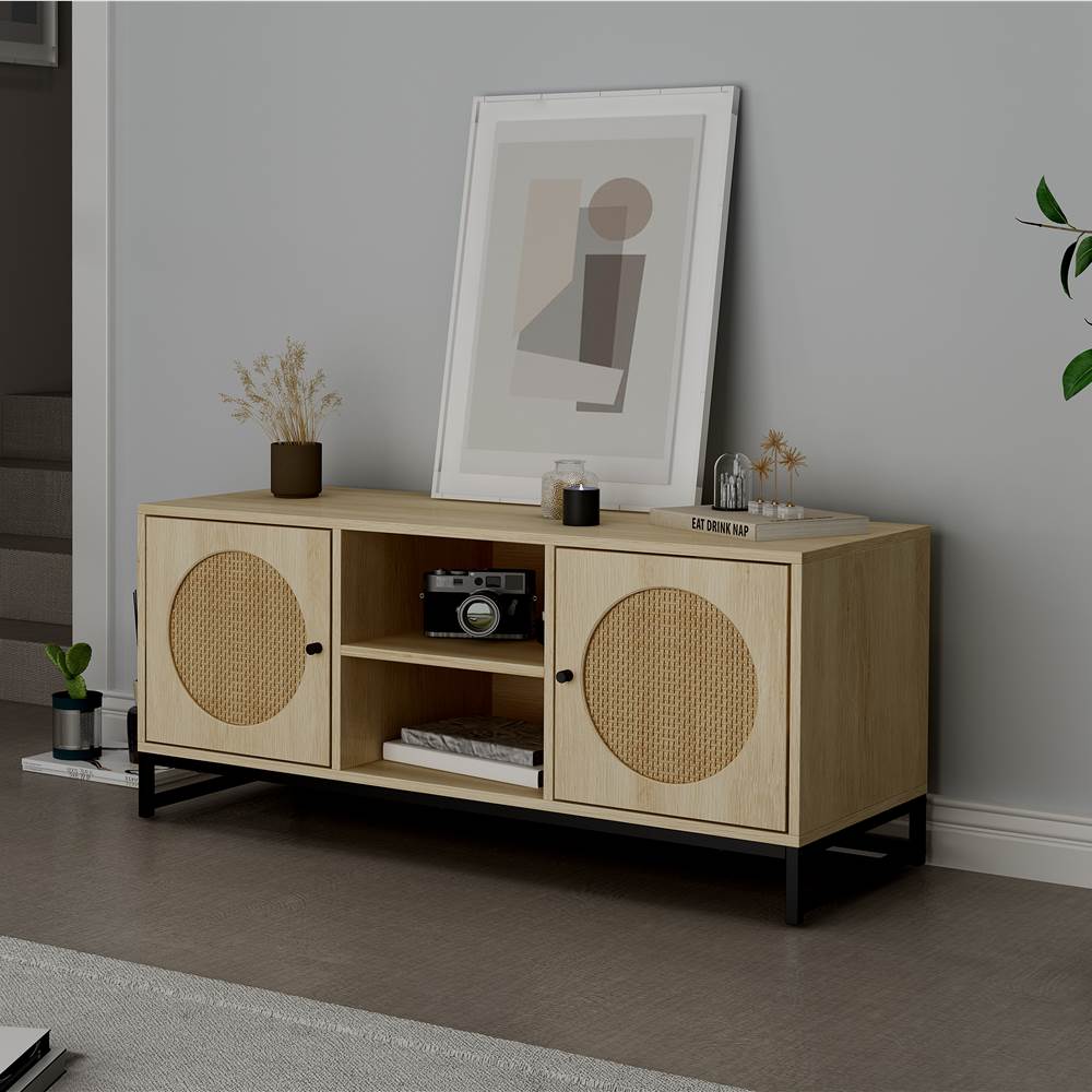 43.3" MDF Storage Cabinet with 2 Doors and 2-layer Open Shelf Natural