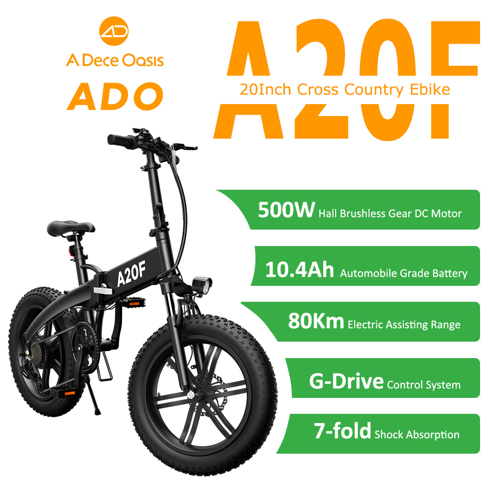 ADO A20F+ Electric Folding Bike 500W Motor 10.4Ah Battery Black