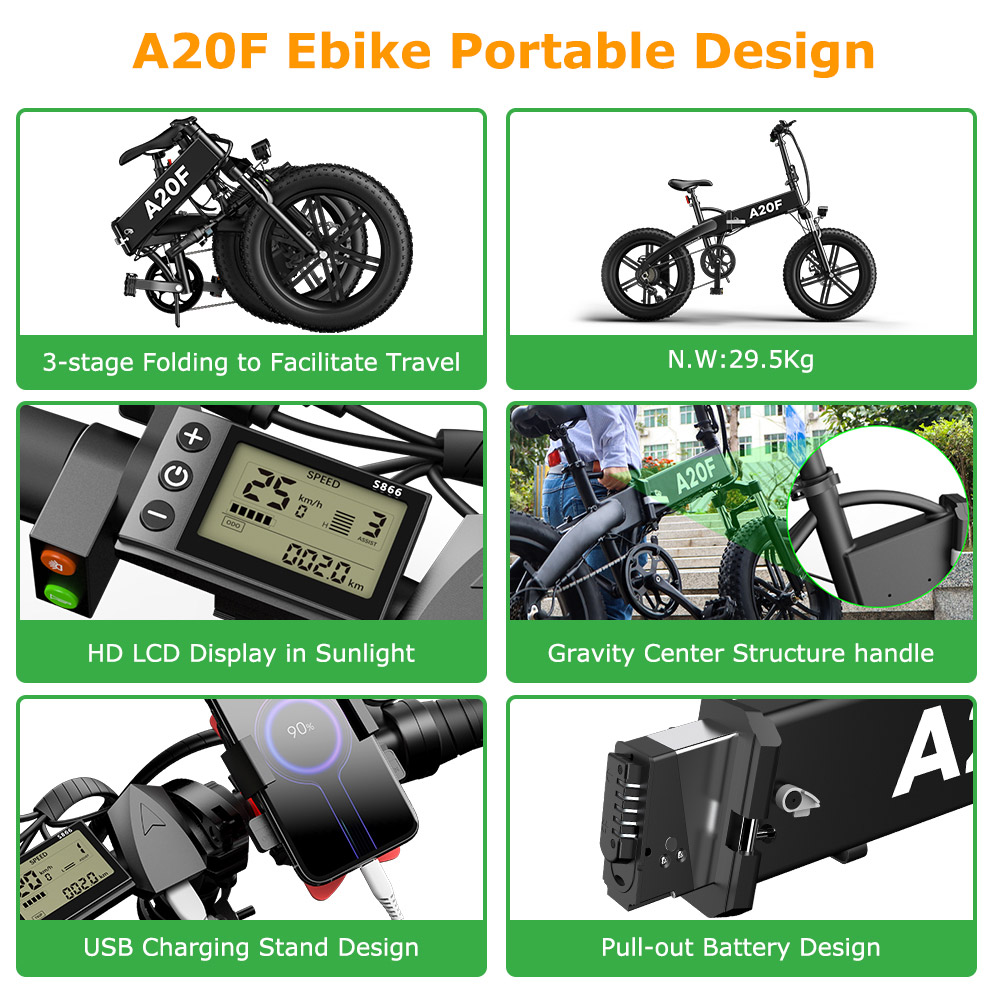 ADO A20F+ Electric Folding Bike 500W Motor 10.4Ah Battery White