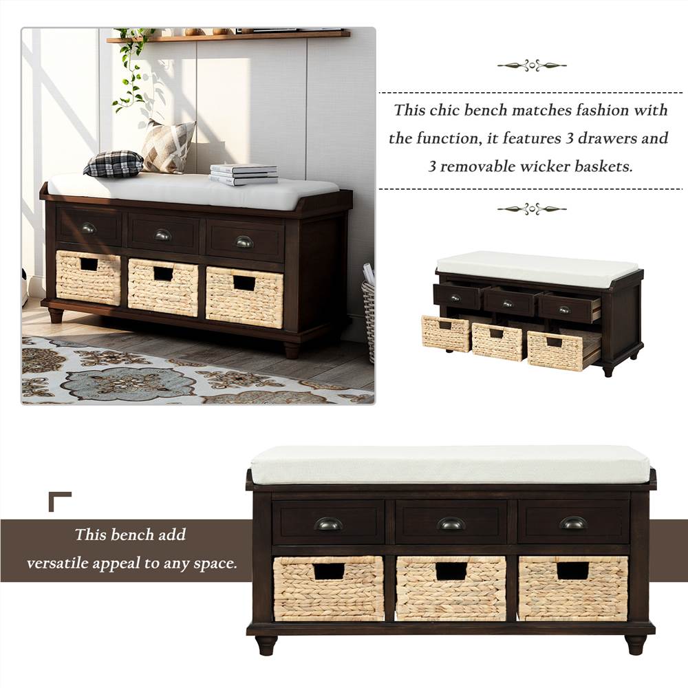 TREXM 42.1" Rustic Style Storage Bench with 3 Drawers Espresso