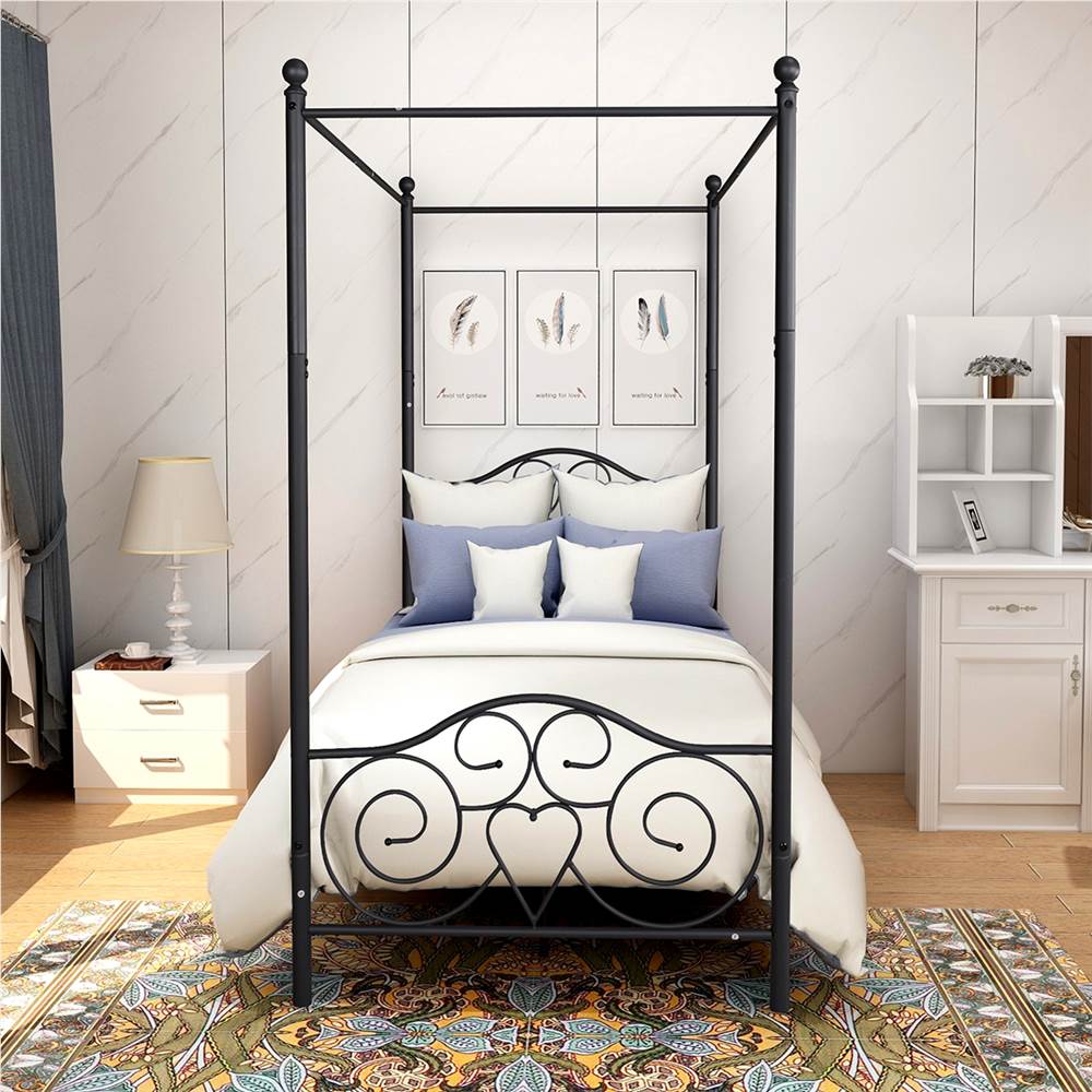 Twin-Size Metal Canopy Bed Frame with 4 Pillars Black
