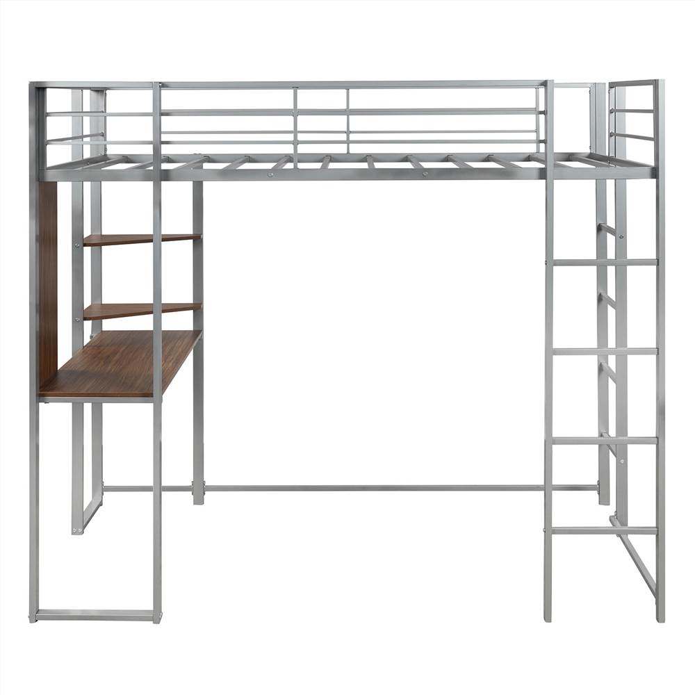 Twin-Size Loft Bed Frame with Desk, Storage Shelves Silver