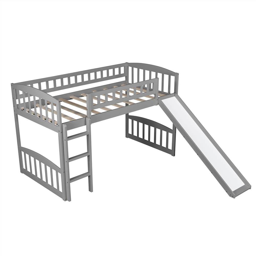 Twin-Size Loft Bed Frame with Slide, Ladder Gray