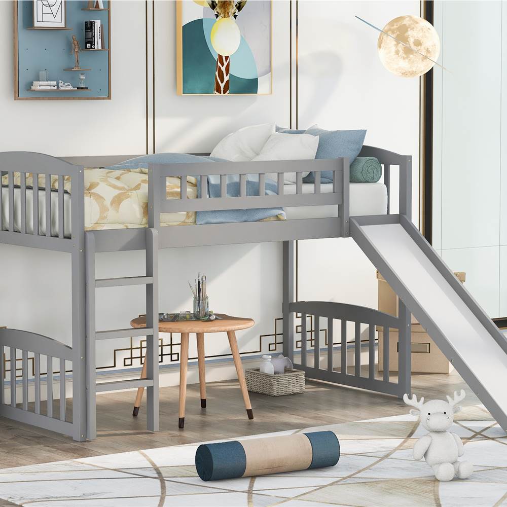 Twin-Size Loft Bed Frame with Slide, Ladder Gray