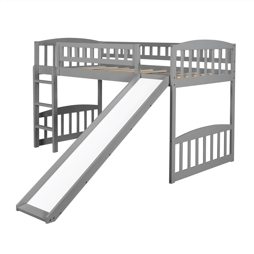 Twin-Size Loft Bed Frame with Slide, Ladder Gray