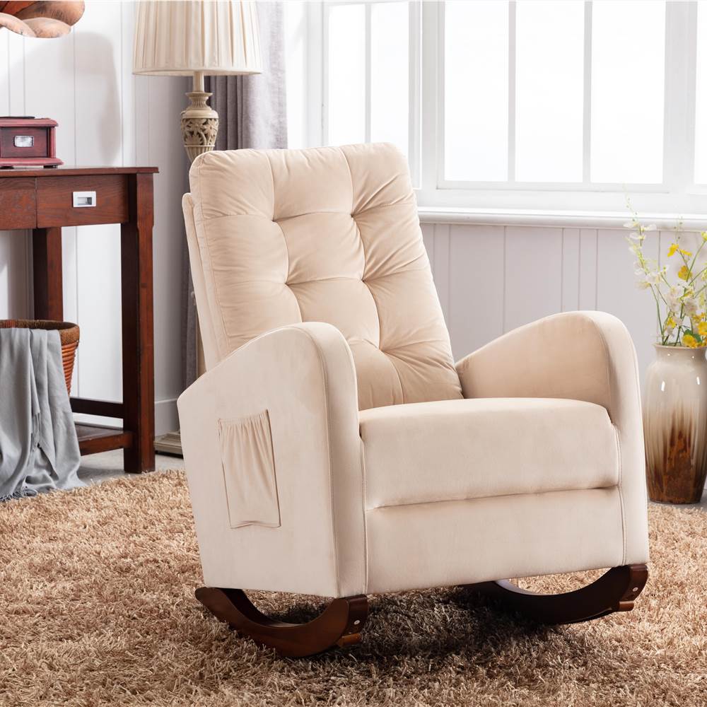 Velvet Upholstered Rocking Chair with Solid Wood Base Beige