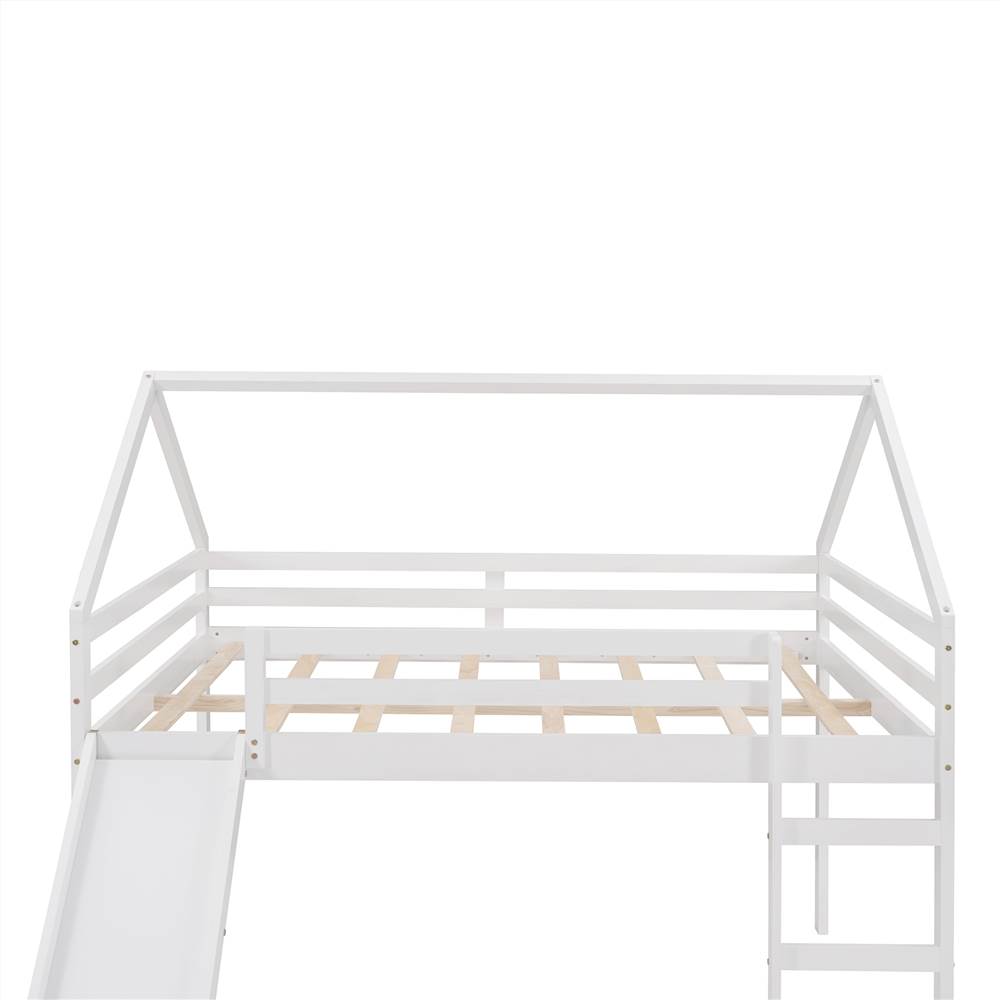 Full-Size Loft Bed Frame with Slide and Wooden Slats Support White