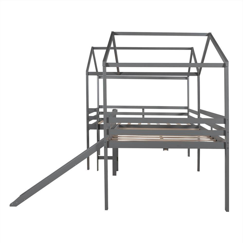 Full-Size House-Shaped Loft Bed Frame with Slide Gray