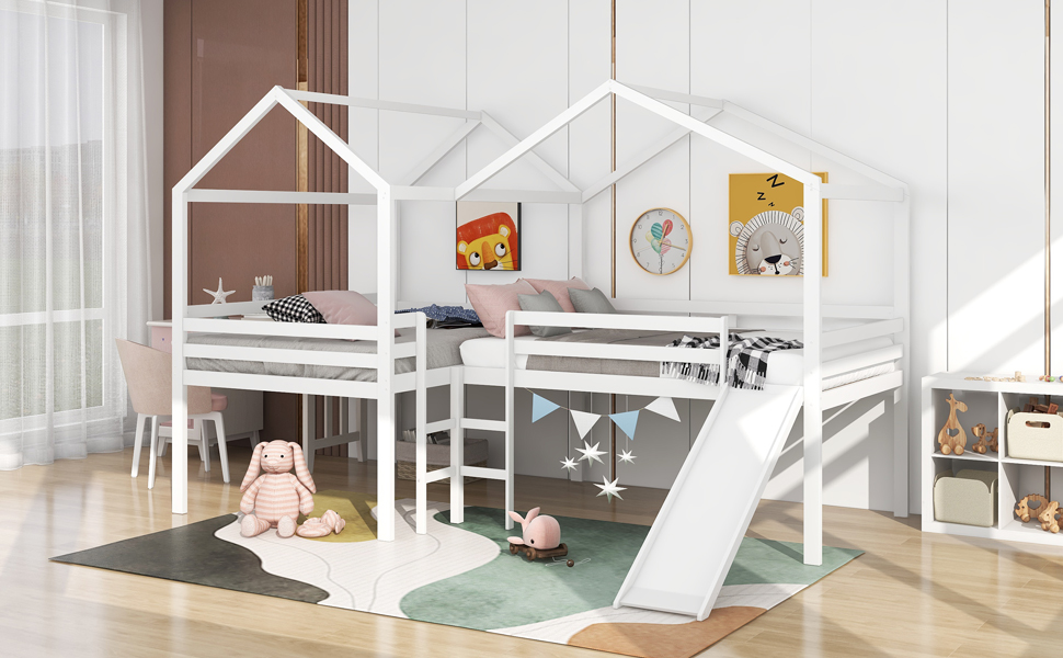 Full-Size House-Shaped Loft Bed Frame with Slide White
