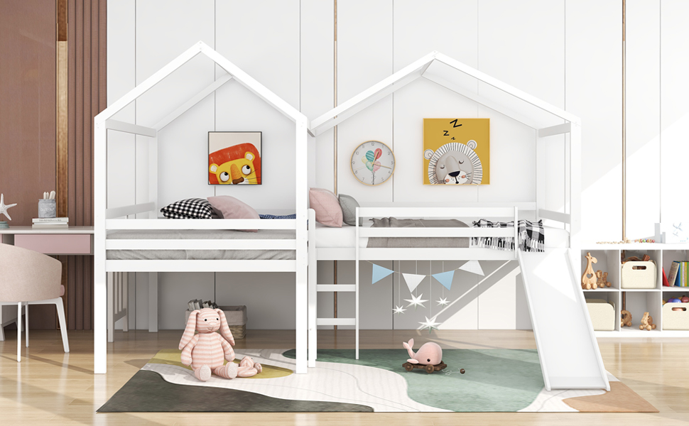 Full-Size House-Shaped Loft Bed Frame with Slide White