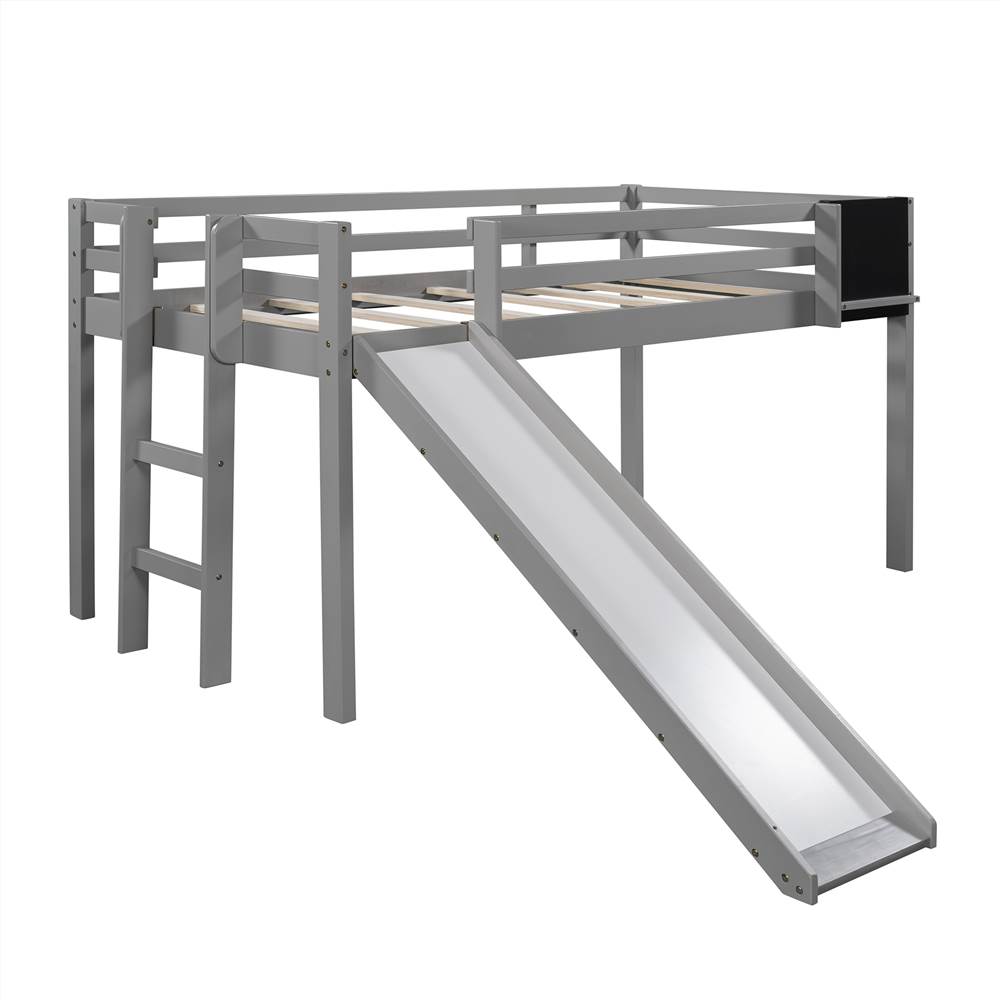 Twin-Size Loft Bed Frame with Slide, Chalkboard Gray