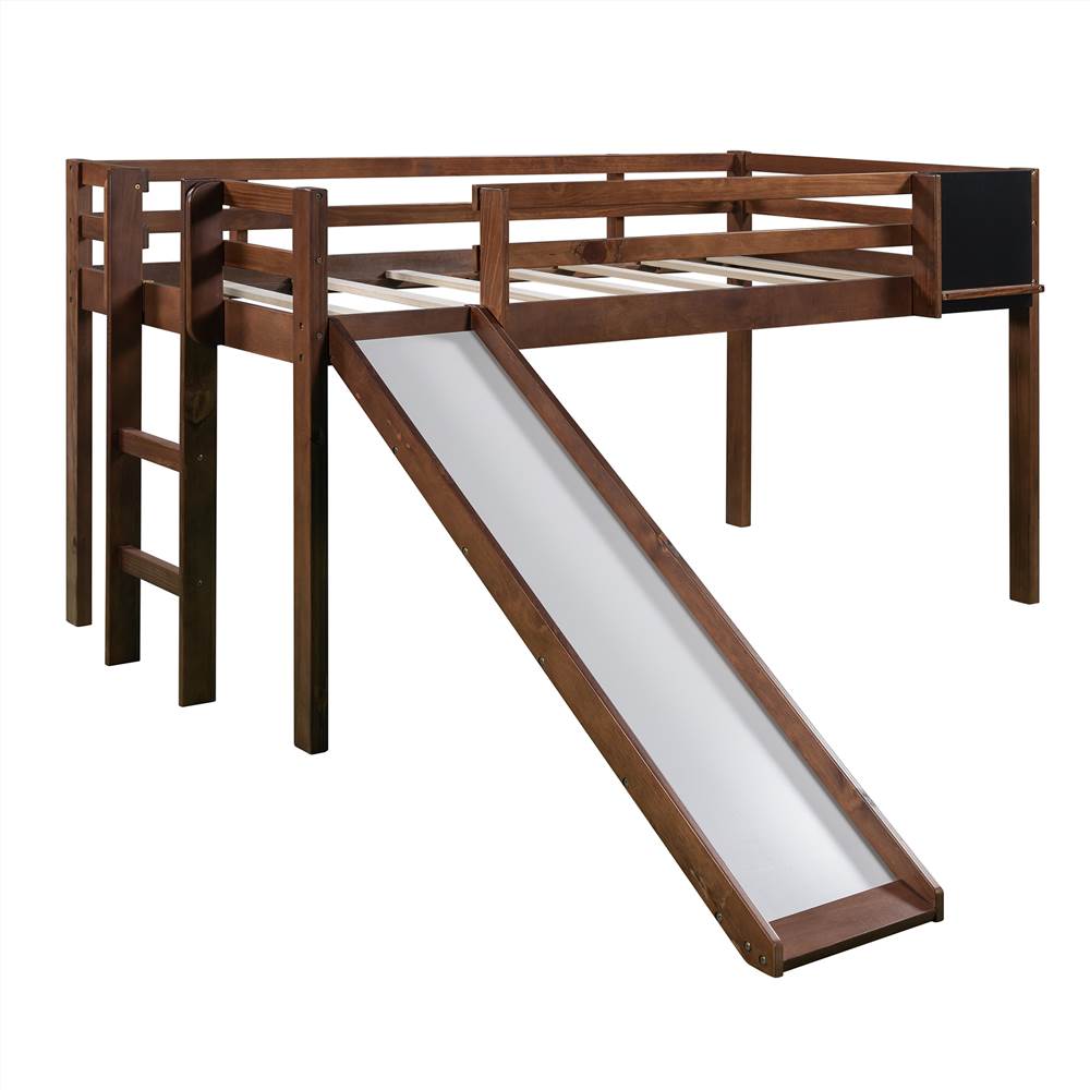 Twin-Size Loft Bed Frame with Slide, Chalkboard Walnut