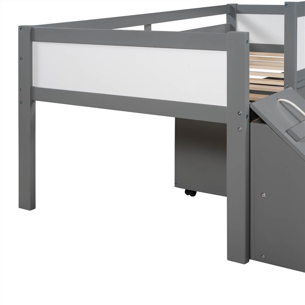 Twin-Size Loft Bed Frame with 2 Storage Boxes Gray