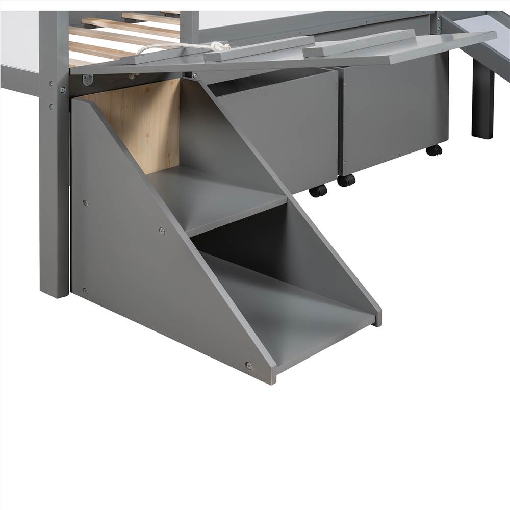 Twin-Size Loft Bed Frame with 2 Storage Boxes Gray