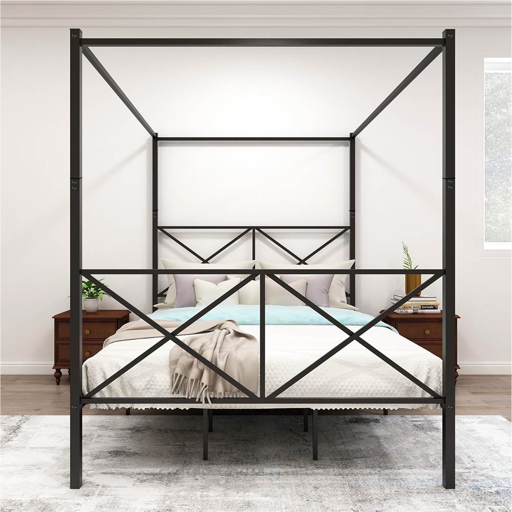 Queen Size Canopy Platform Bed Frame with X-Shaped Frame Black