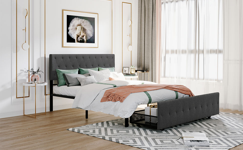 Queen Size Upholstered Platform Bed Frame with Storage Drawer Gray ...