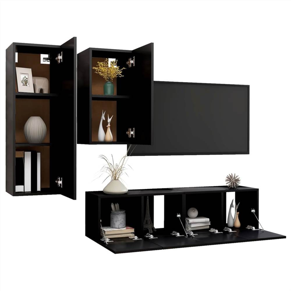 4 Piece TV Cabinet Set Black Chipboard