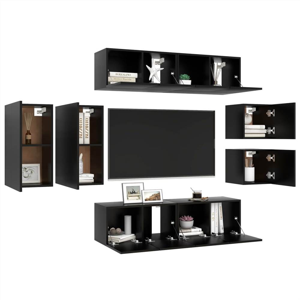 8 Piece TV Cabinet Set Black Chipboard