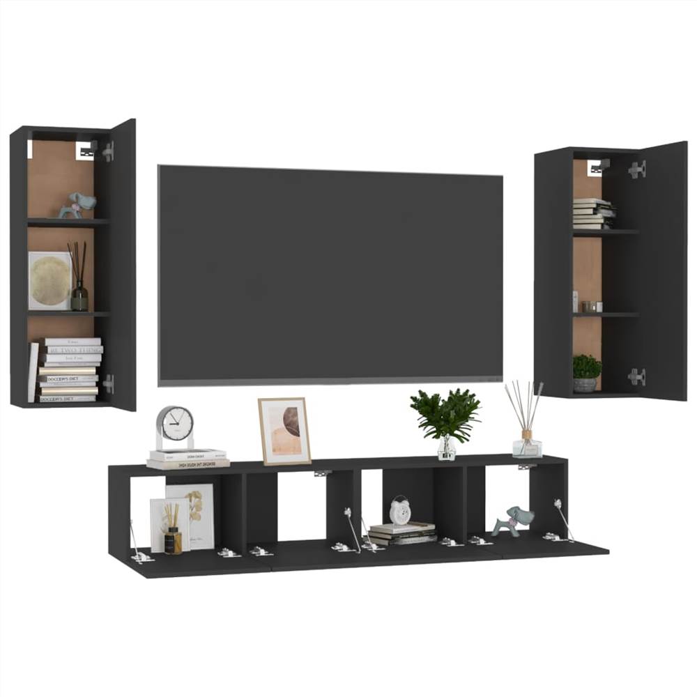 4 Piece TV Cabinet Set Black Chipboard