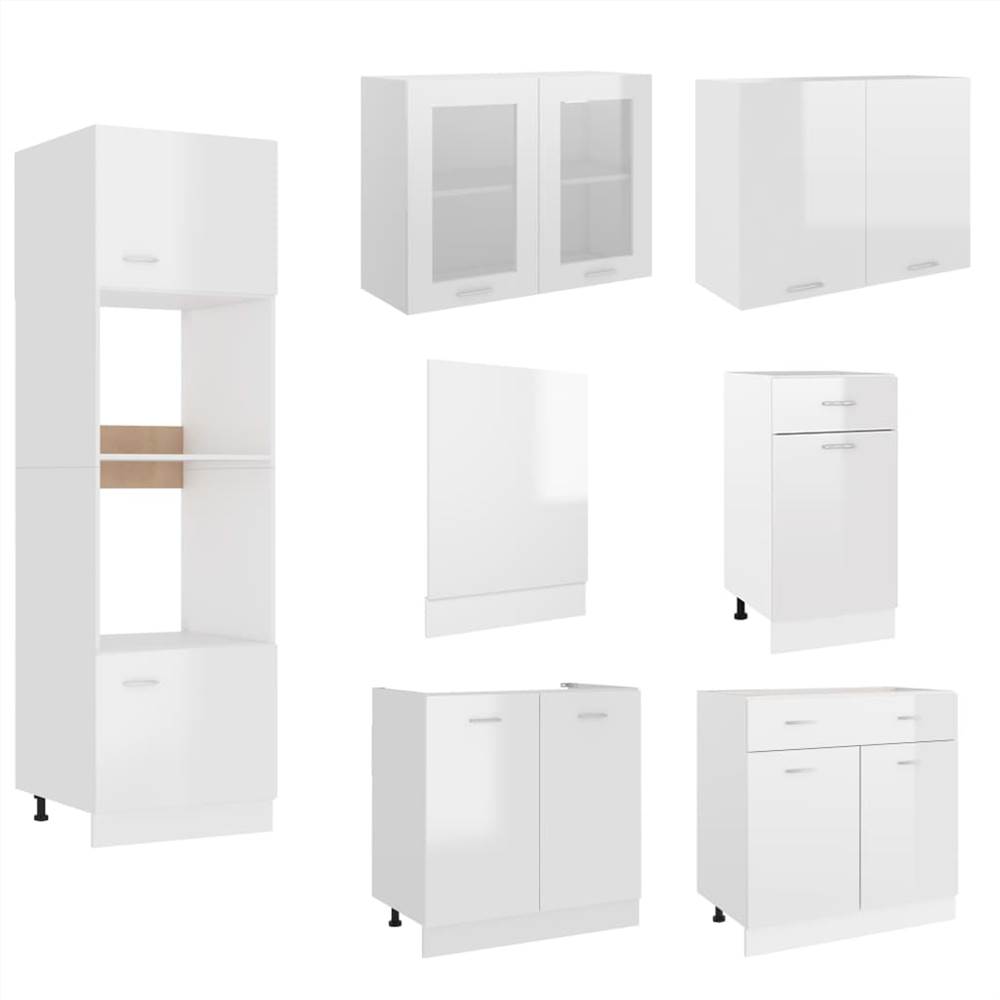 7 Piece Kitchen Cabinet Set High Gloss White Chipboard