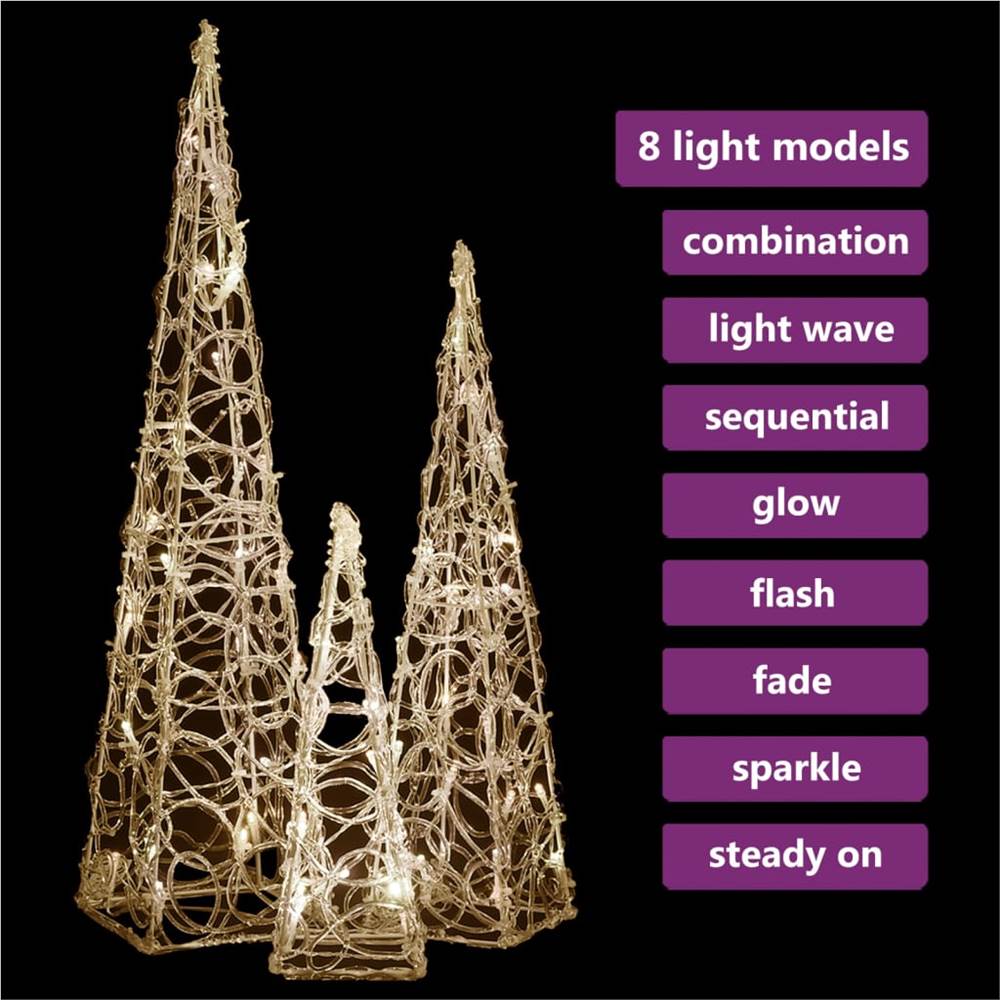 Acrylic Decorative LED Light Cone Set Warm White 30/45/60cm