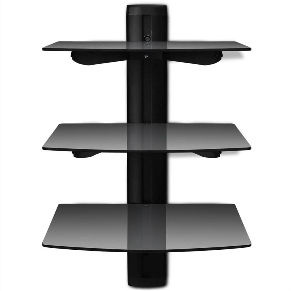 3-tier Wall Mounted Glass DVD Shelf Black