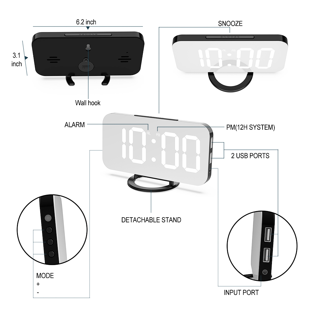 Digital LED Clock Large Display 3 Levels Brightness Black