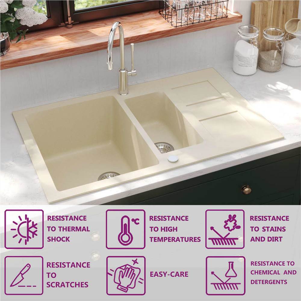Granite Kitchen Sink Double Basins Beige